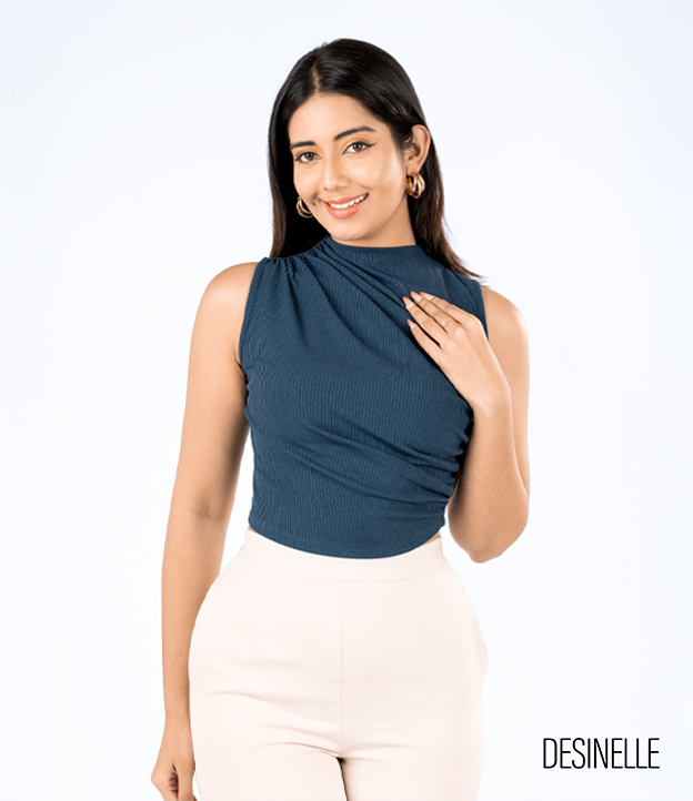 Pleated High-Neck Slate Blue Top - DESINELLE