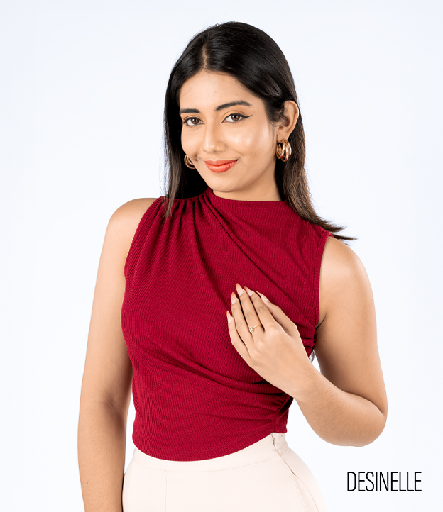 Pleated High-Neck Red Top - DESINELLE