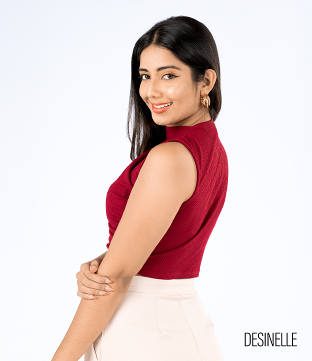 Pleated High-Neck Red Top - DESINELLE